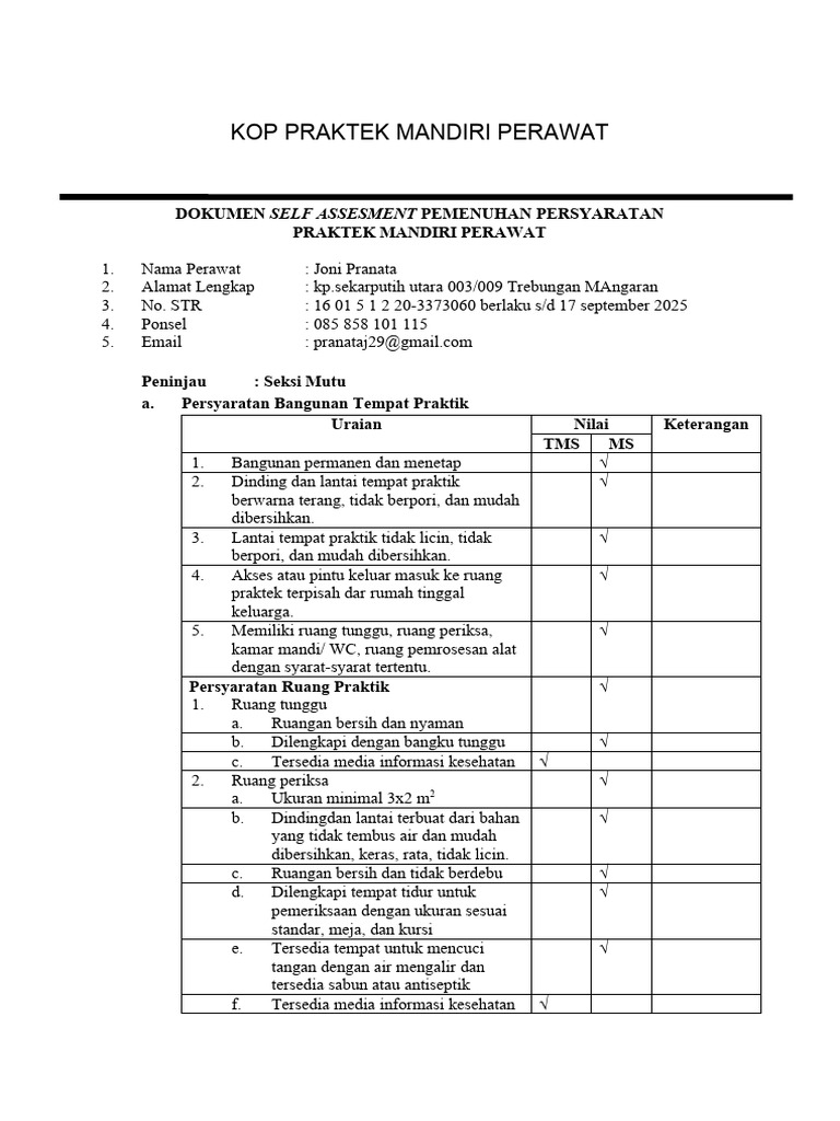 Chekclist SA Perawat Mandiri | PDF