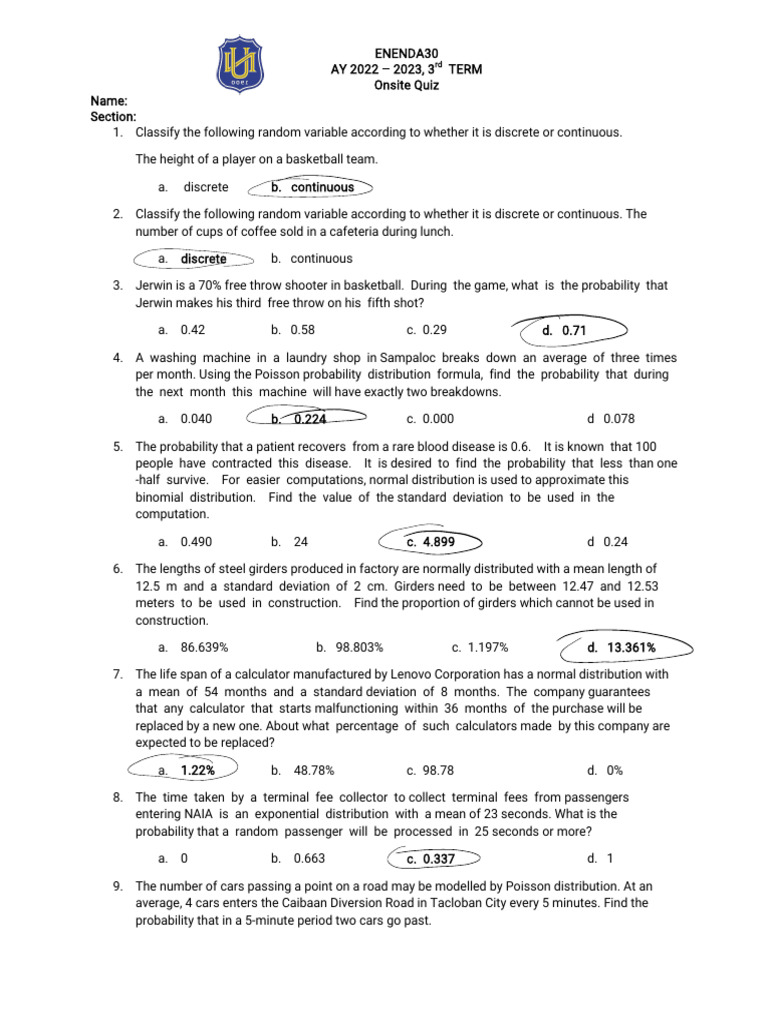 Quiz Finals Arrange With Sol | PDF | Probability Distribution | Random ...