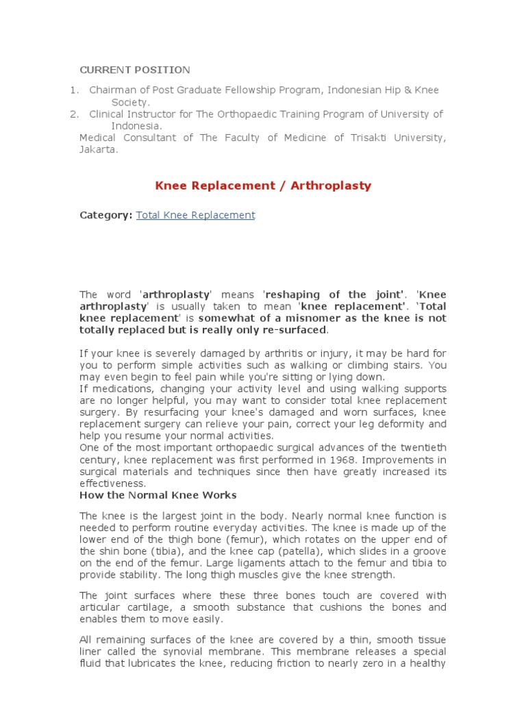 Knee Replacement / Arthroplasty: Current Position | PDF | Knee | Arthritis