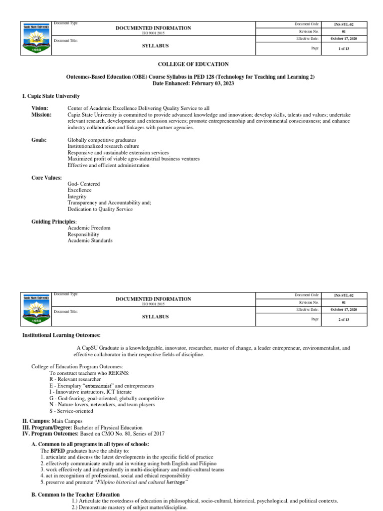 OBE Syllabus for PED 128 Course | PDF | Educational Technology | Learning