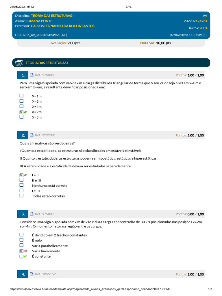 Estácio_ TEORIA DAS ESTRUTURAS AV01 | PDF | Rotação | Flexão (Física)