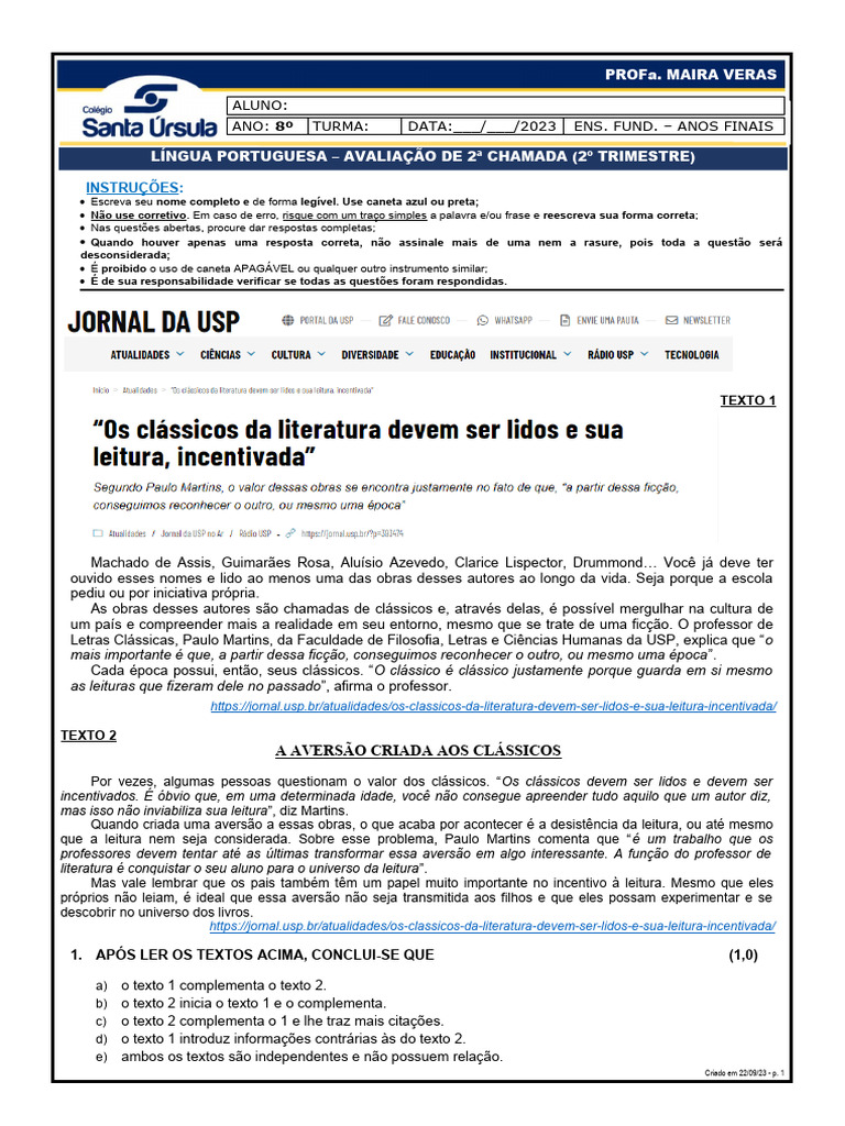 2 Chamada - 2º - Trim. - Português - 8º Ano | PDF