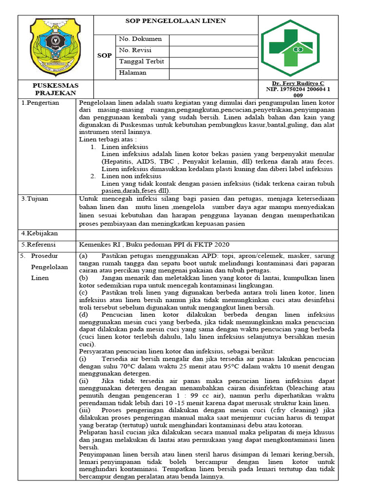 Sop Pengelolaan Linen | PDF