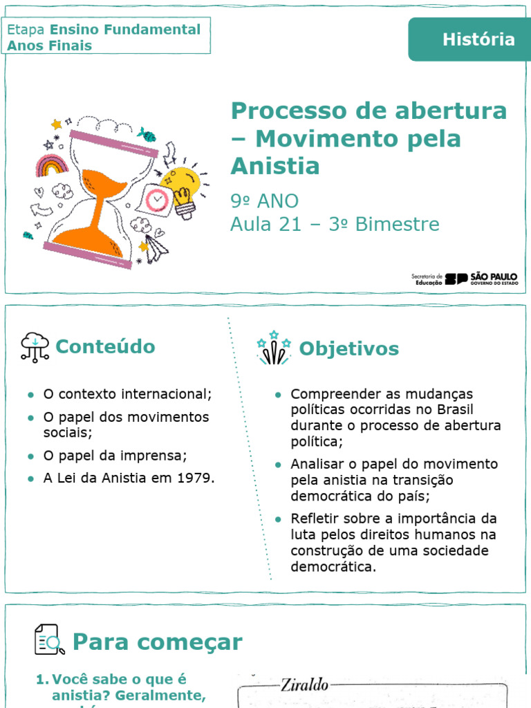 Processo de Abertura - Movimento Pela Anistia: 9º ANO Aula 21 - 3º Bimestre | Download grátis ...