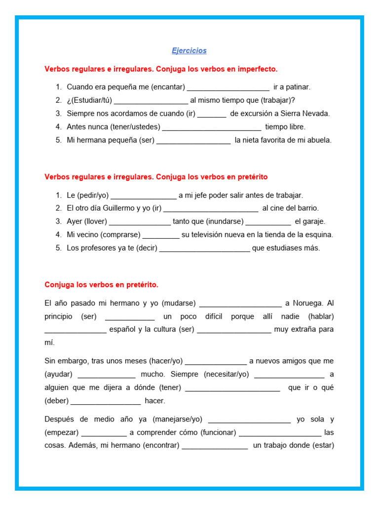 Ejercicios Del Tiempo Pasado en Espanol Ejercicios de Gramatica Guias ...