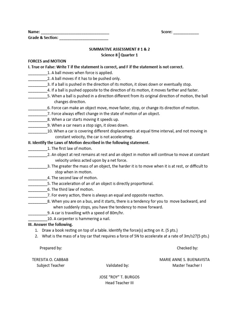 Science 8: Forces & Motion Quiz | PDF | Force | Acceleration