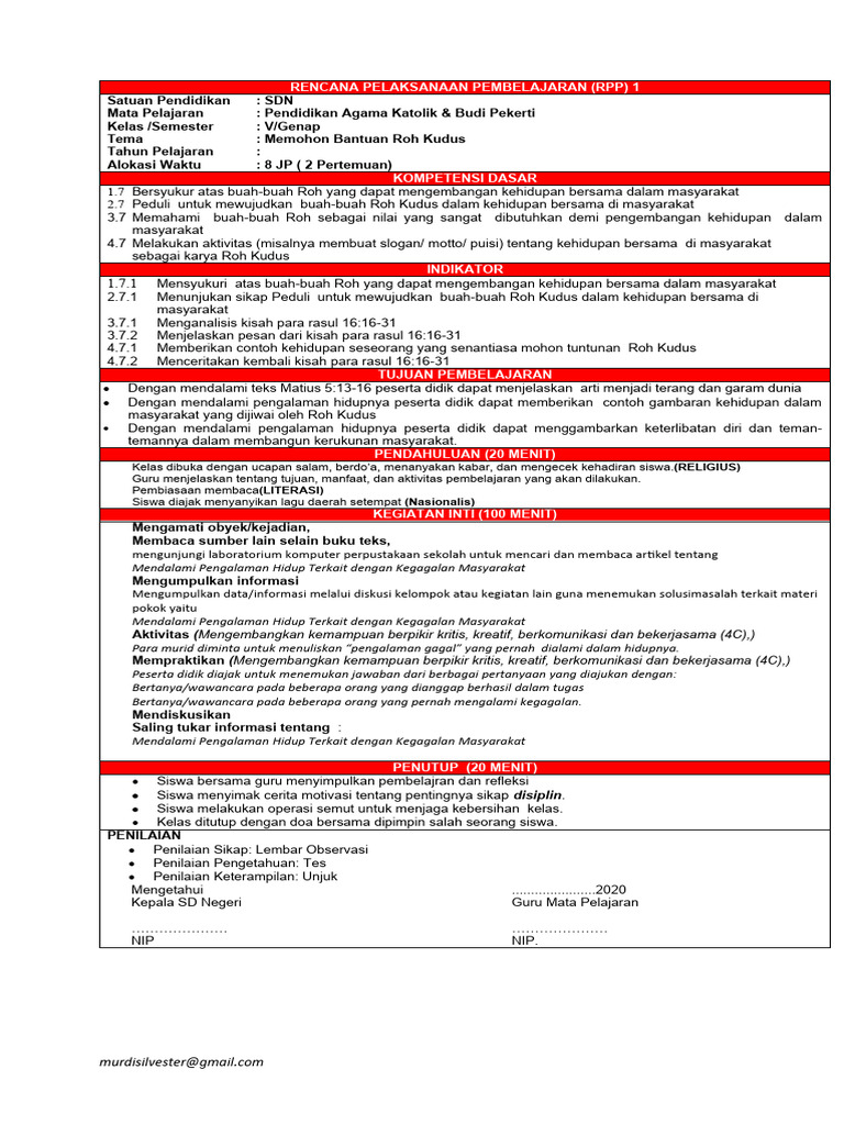 RPP. KD 3.7 Subtema B - Memohon Bantuan Roh Kudus | PDF