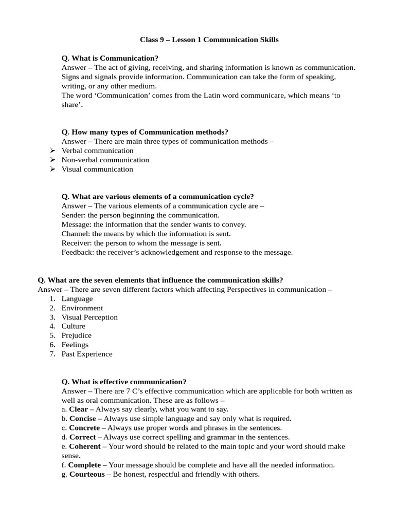 Class 9 Lesson 1 - Communication Skills | PDF | Communication | Nonverbal Communication