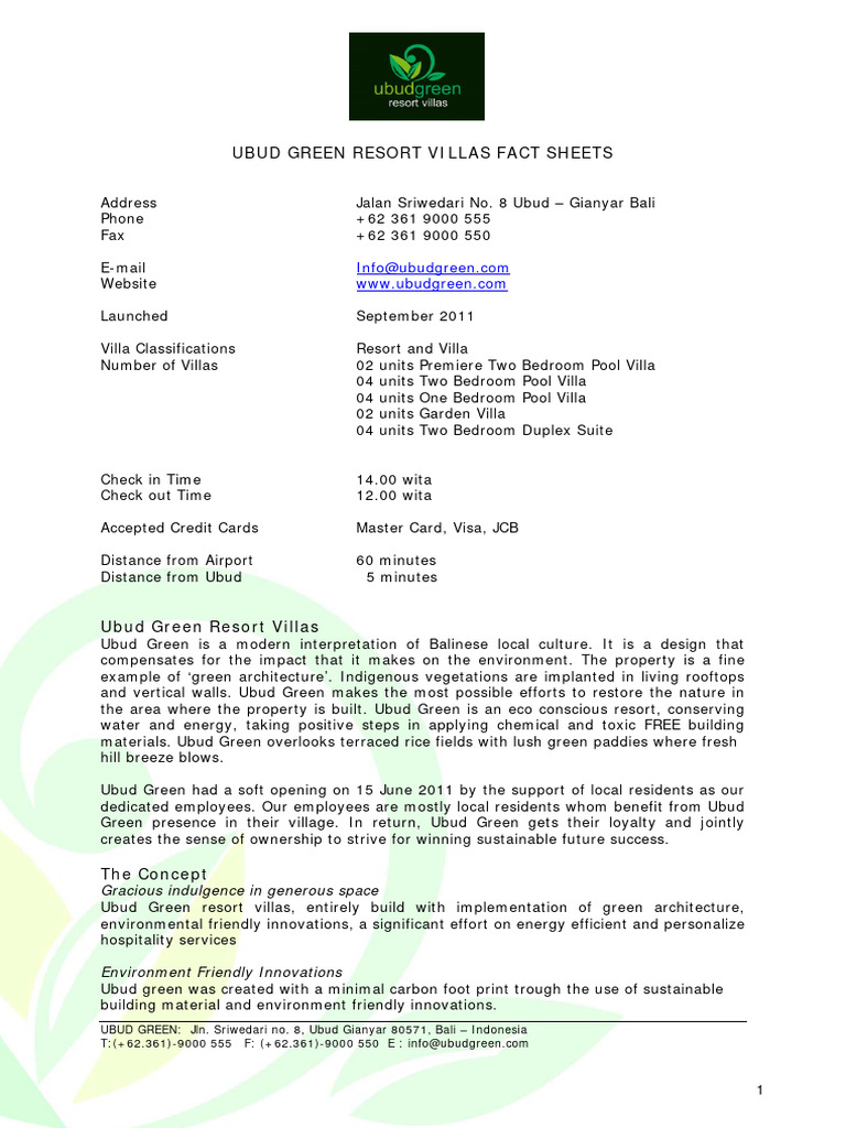 Fact Sheets Ubud Green | PDF | Sustainable Architecture | Bali