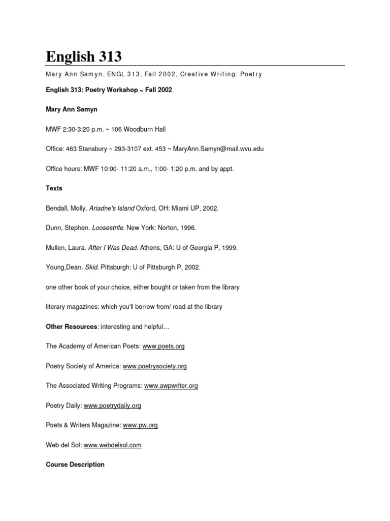 English 313-Samyn | PDF | Poetry