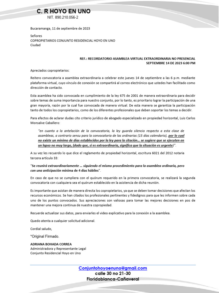 CARTA RECORDATORIO ASAMBLEA EXTRAORDINARIA v1.0 | PDF | Condominio ...