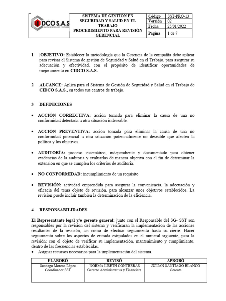 SST-PRO-13 - Procedimiento Revision Gerencial | PDF