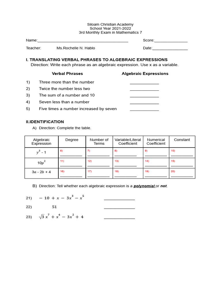21-22 Math 7 3rd Monthly | PDF | Variable (Mathematics) | Numbers