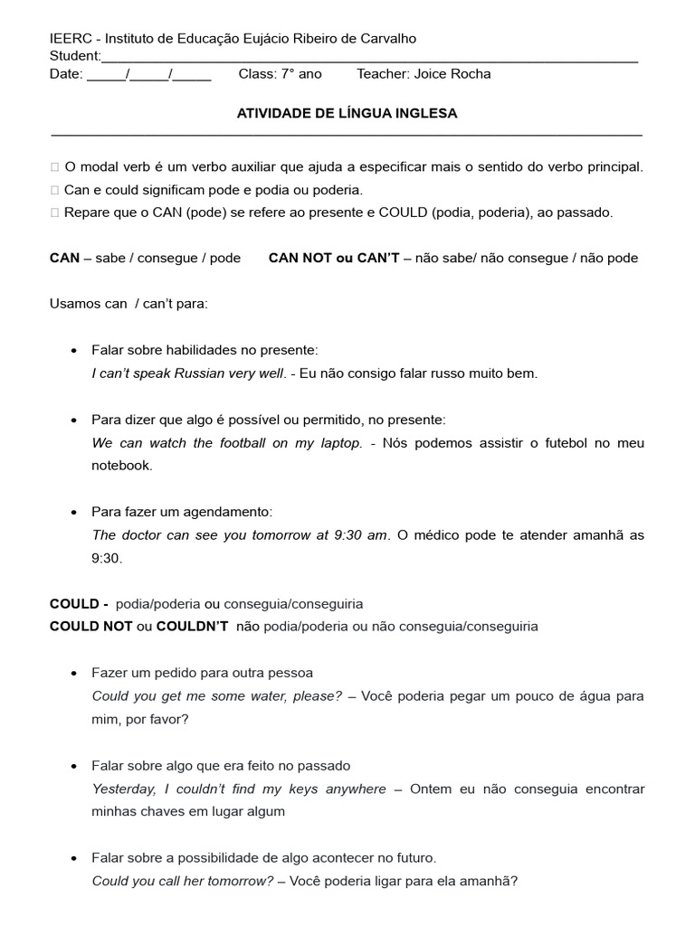 7° Ano MODAL VERBS | PDF