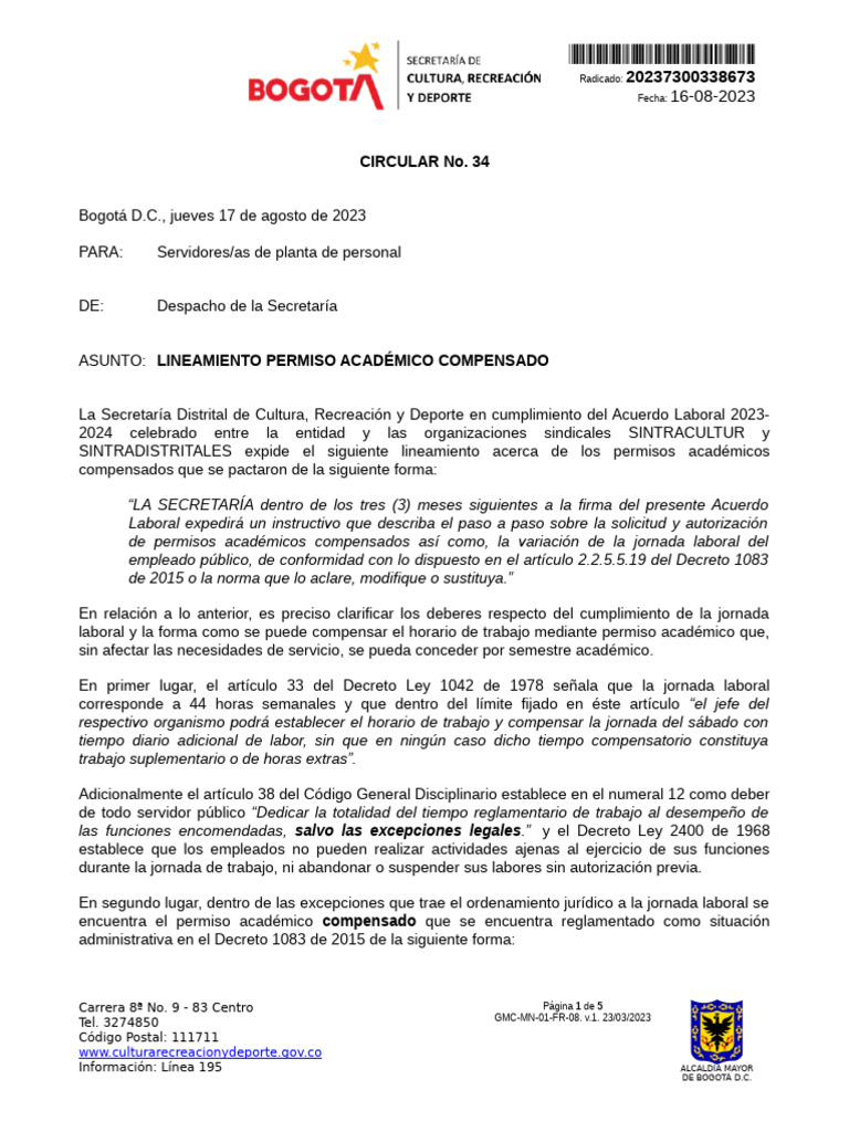 Circular 34 Lineamiento Permiso Académico Compensado. | PDF | Tiempo de trabajo | Calendario