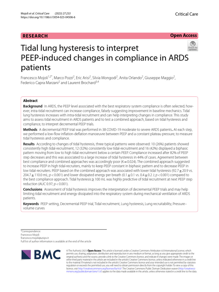 Mojoli 2023 Tidal Lung Hysteresis To Interpret PEEP-induced Changes in Compliance in ARDS ...