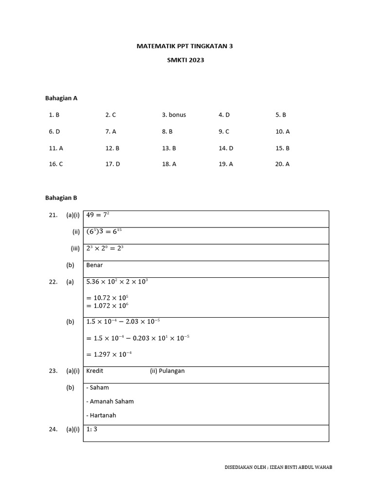 Jawapan PPT Math Ting 3 2023 | PDF