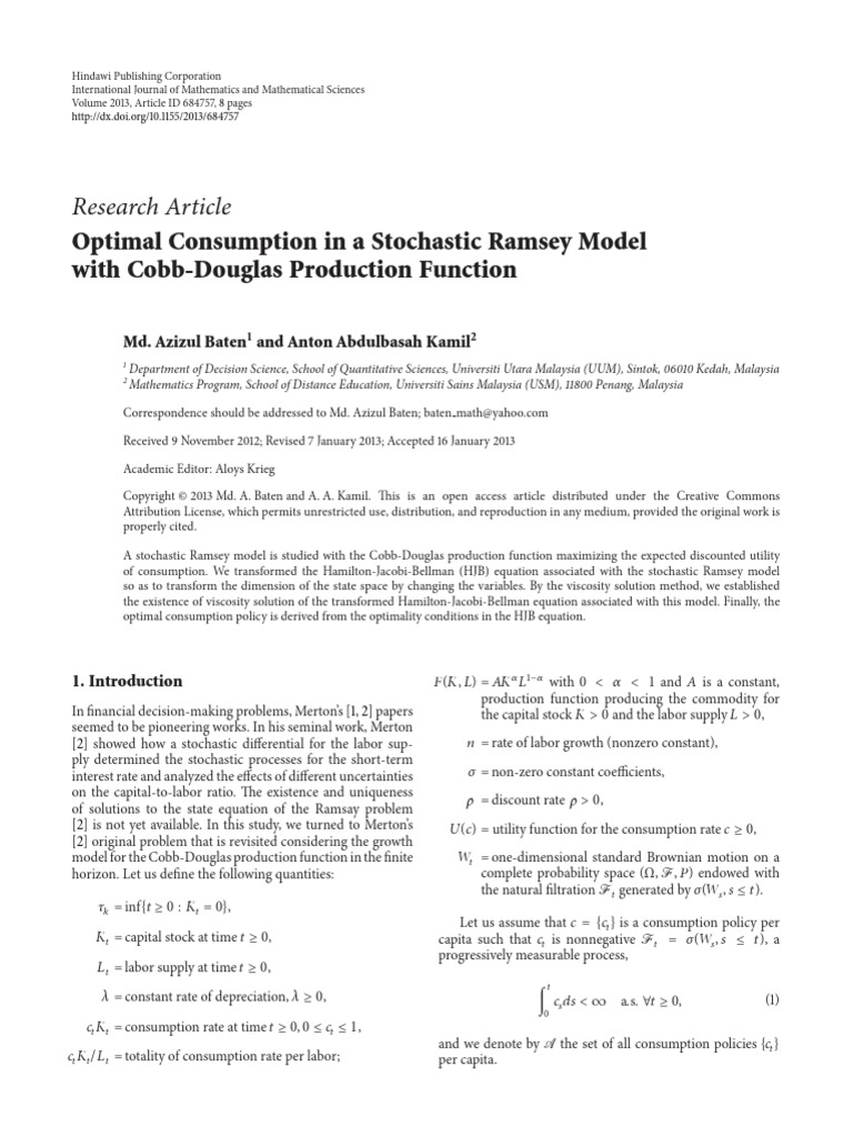 Optimal Consumption in A Stochastic Ramsey Model W | PDF | Equations ...