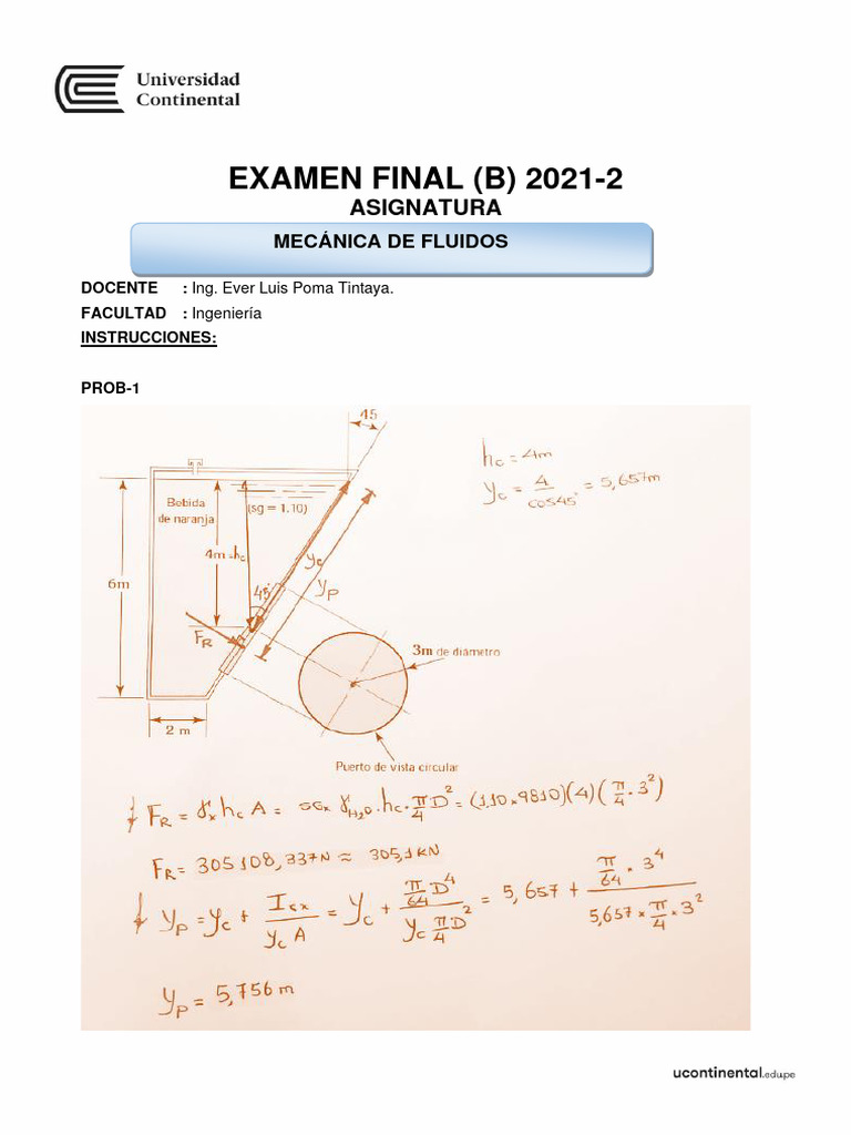 Examen Final-2022-II-mecánica de Fluidos I-A - Solucionario | PDF
