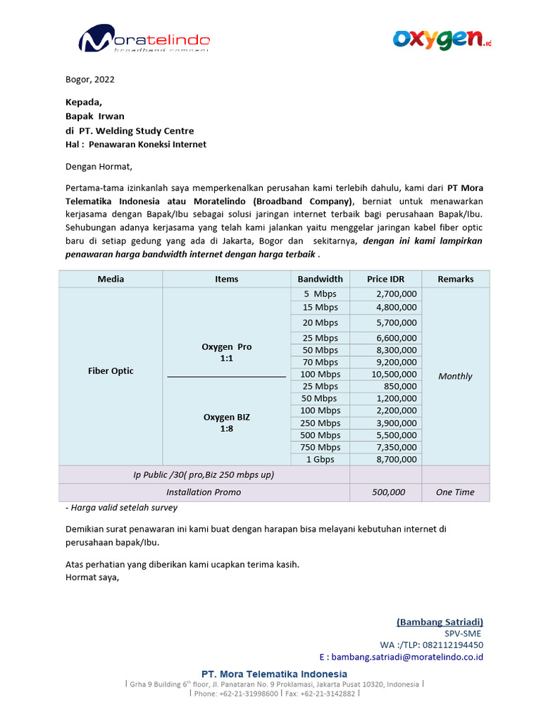 Penawaran Internet Oxygen untuk Bisnis | PDF