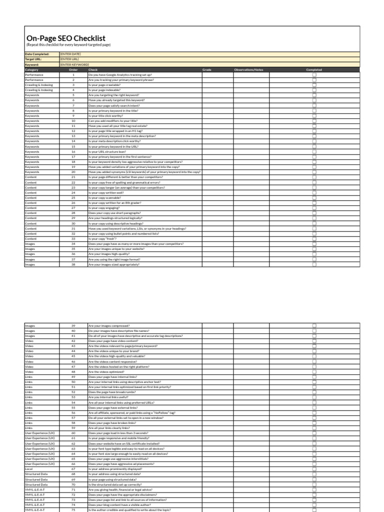 Complete On - Page SEO Checklist - Sheet1 | PDF | Search Engine ...
