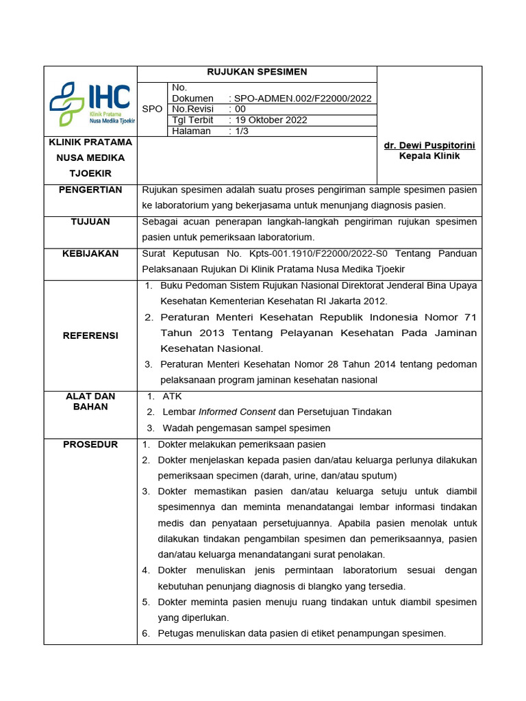Spo Rujukan Spesimen | PDF