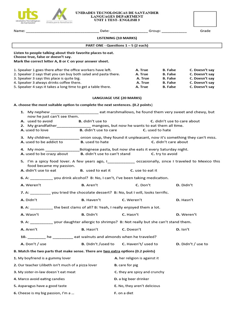 Remedial Test Unit 1 - English 3 - 2023 - 2 | PDF | Foods | Food And Drink