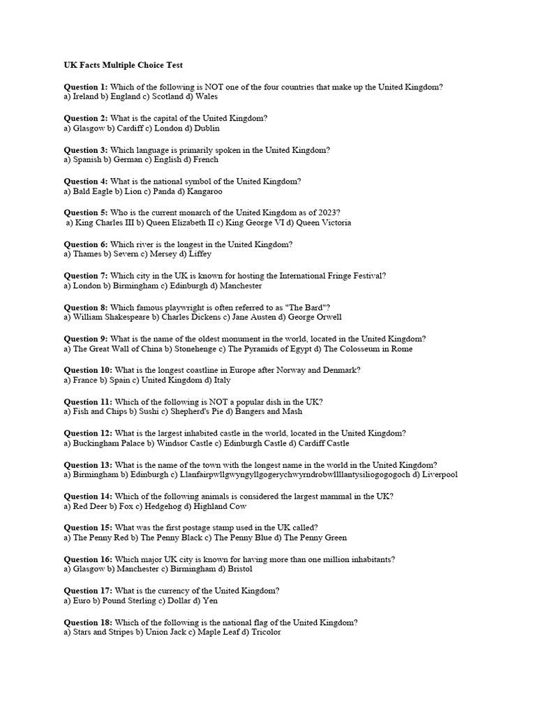 UK Facts Multiple Choice Test | PDF