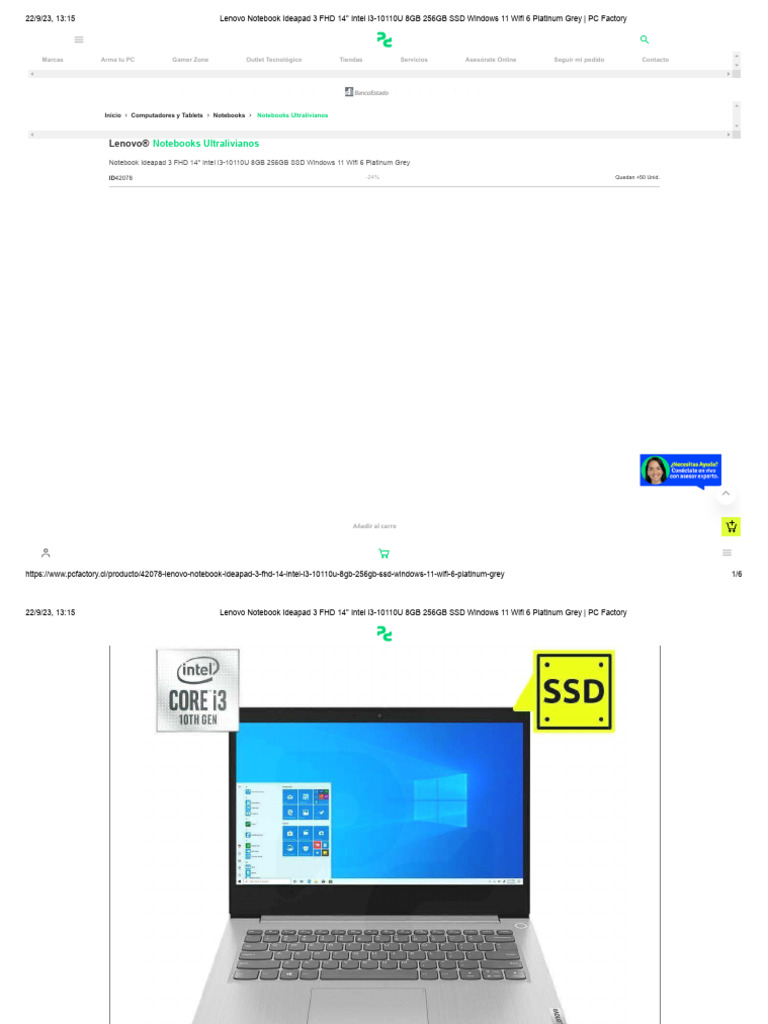 Lenovo Notebook Ideapad 3 FHD 14 - Intel I3-10110u 8GB 256GB SSD Windows 11 Wifi 6 Platinum Grey ...