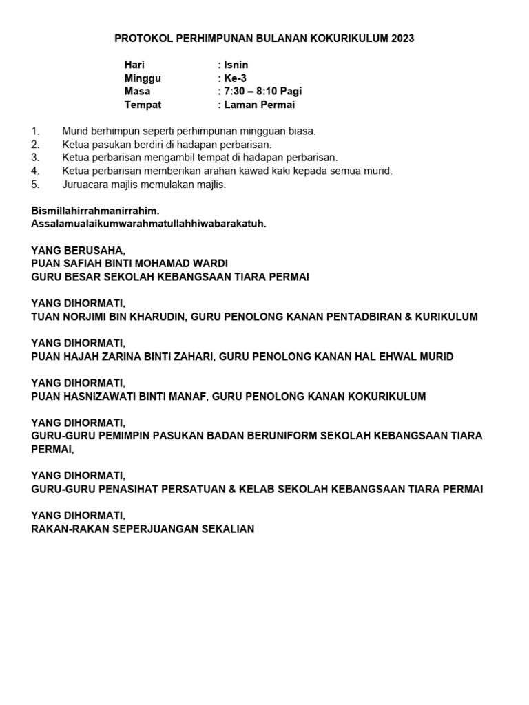 Protokol Perhimpunan Bulanan Kokurikulum 2023 Pakai Tshirt Biasa | PDF