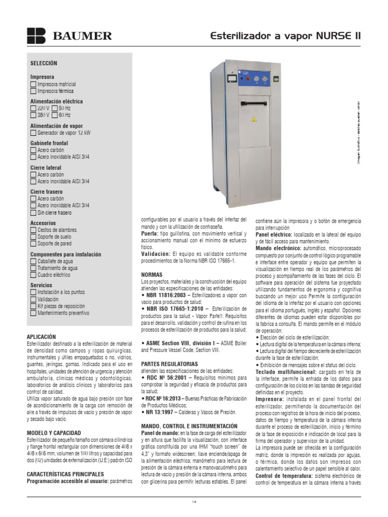 Ficha Tecnica AUTOCLAVE NURSE II Es | PDF | Acero | Máquina de vapor