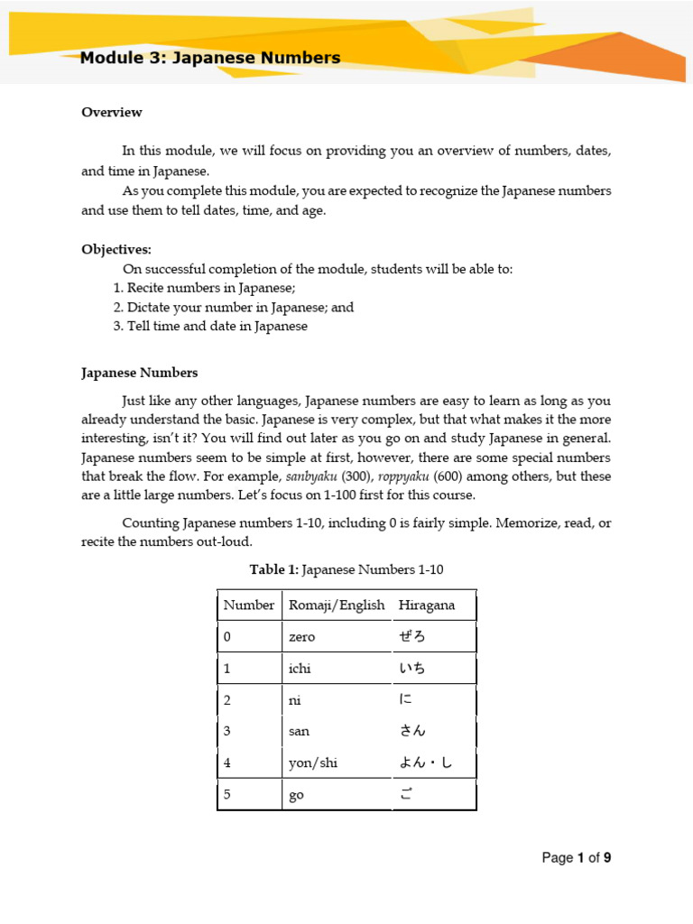 Module 3-Japanese Numbers, Days, and Time | PDF | Japanese Language ...