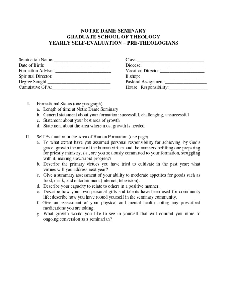 Seminarian Yearly Self Evaluation Forms | PDF