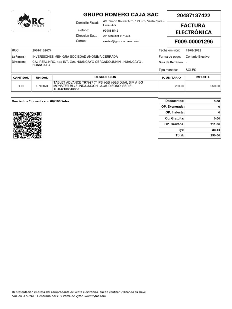 Grupo Romero Caja Sac: Factura Electrónica | PDF
