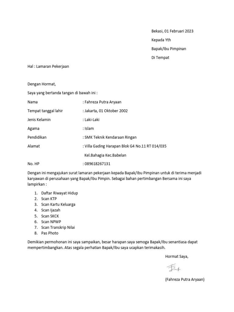 Lamaran Pekerjaan Fahreza Putra Aryaan | PDF