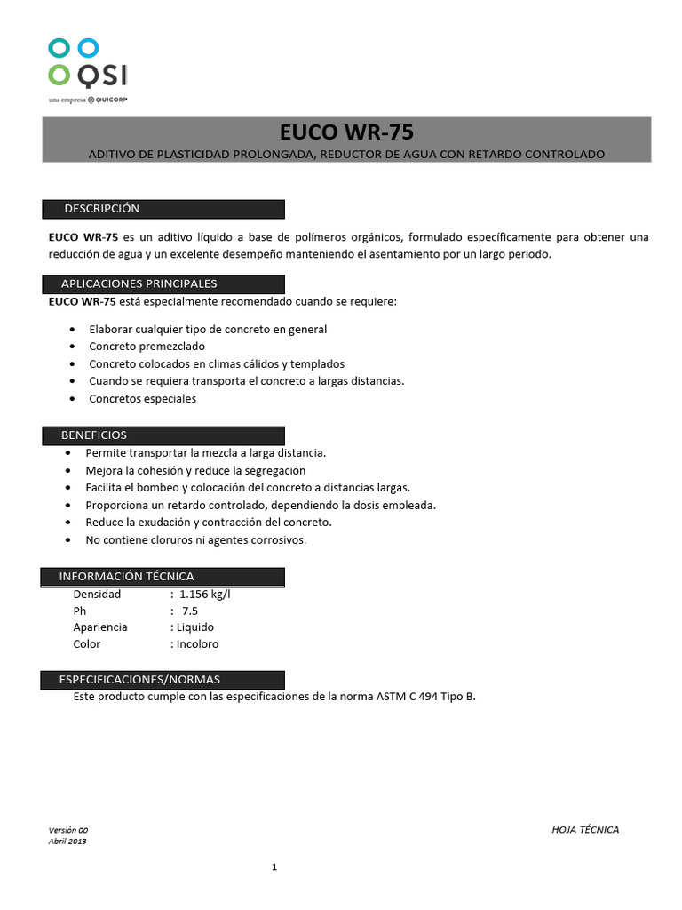 Euco WR-75 | PDF | Hormigón | Agua