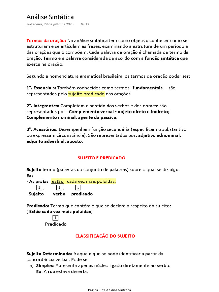 Análise Sintática | PDF | Assunto (gramática) | Predicado (gramática)
