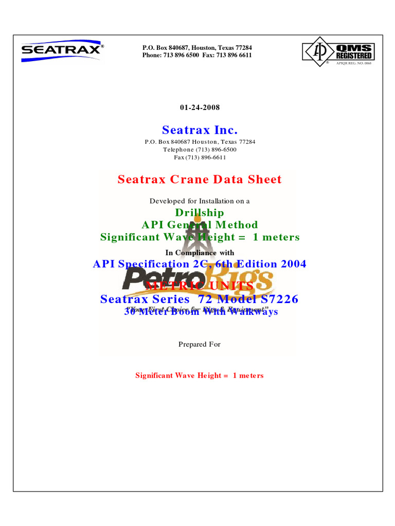 Seatrax S7226 Crane Data Sheet | PDF | Acceleration | Machines