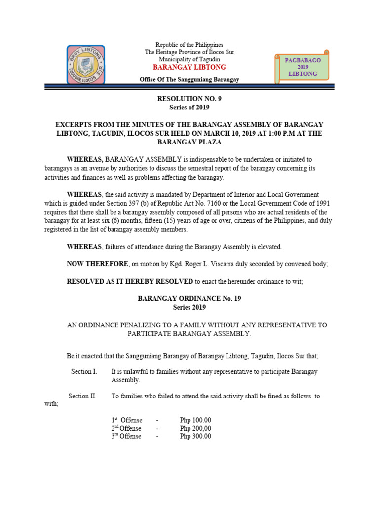 Barangay Ordinance No.19-Barangay Assembly | PDF