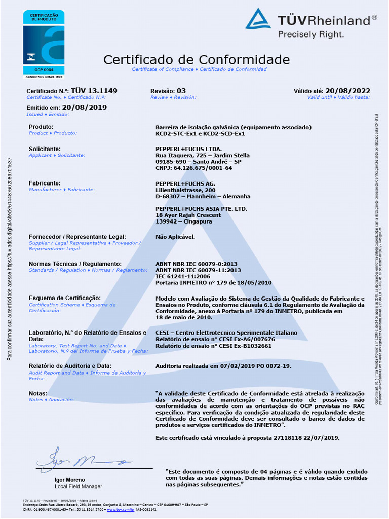 Certificado de Conformidade | PDF | Engenharia Elétrica | Eletricidade