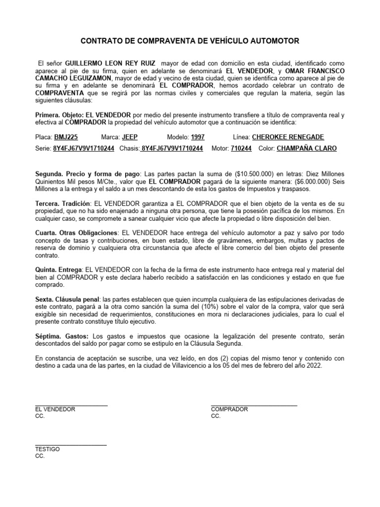 Contrato de Compraventa de Vehículo Automotor | PDF | Derecho privado