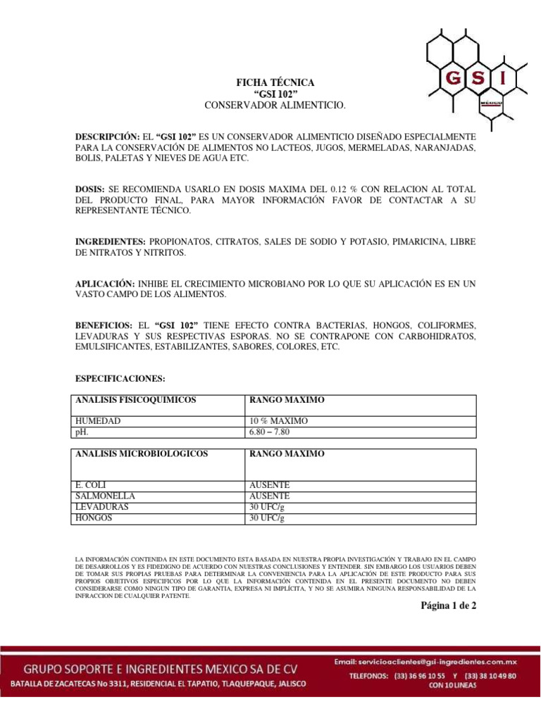 Ficha Técnica GSI 102 | PDF | Alimentos | Conservación de los alimentos