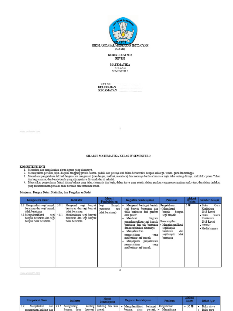Silabus Matematika Kelas 4 Semester 2 | PDF