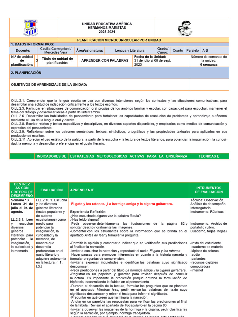 Planificación Lengua y Literatura 4º Grado | PDF | Evaluación | Aprendizaje