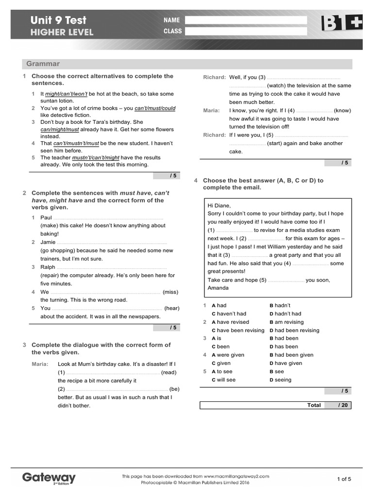 B1PLUS UNIT 9 Test Higher | PDF