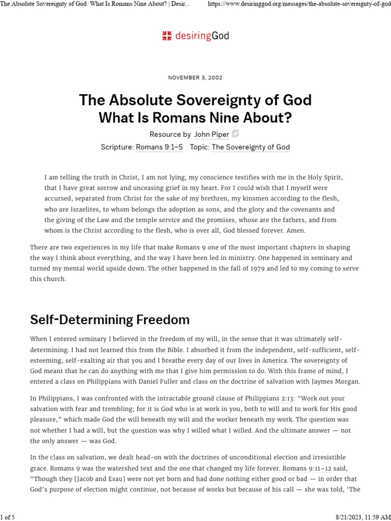 Piper - The Absolute Sovereignty of God | PDF | Epistle To The Romans ...