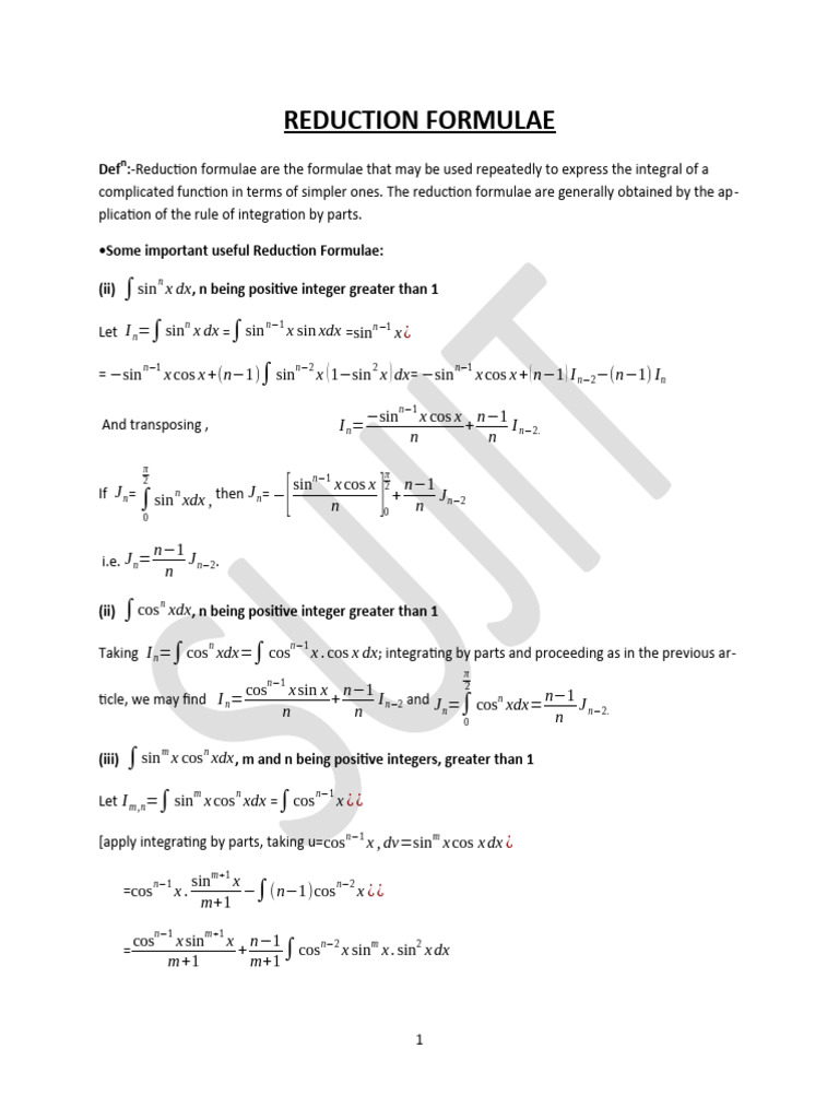 Reduction Formulae Pdf