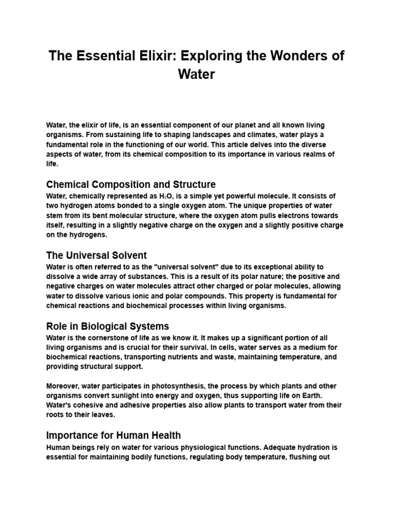 The Essential Elixir - Exploring The Wonders of Water | PDF | Water ...
