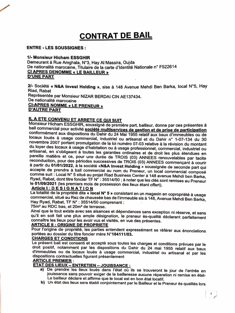 Modèle de contrat de bail commercial RDC | PDF | Assurance | Économie