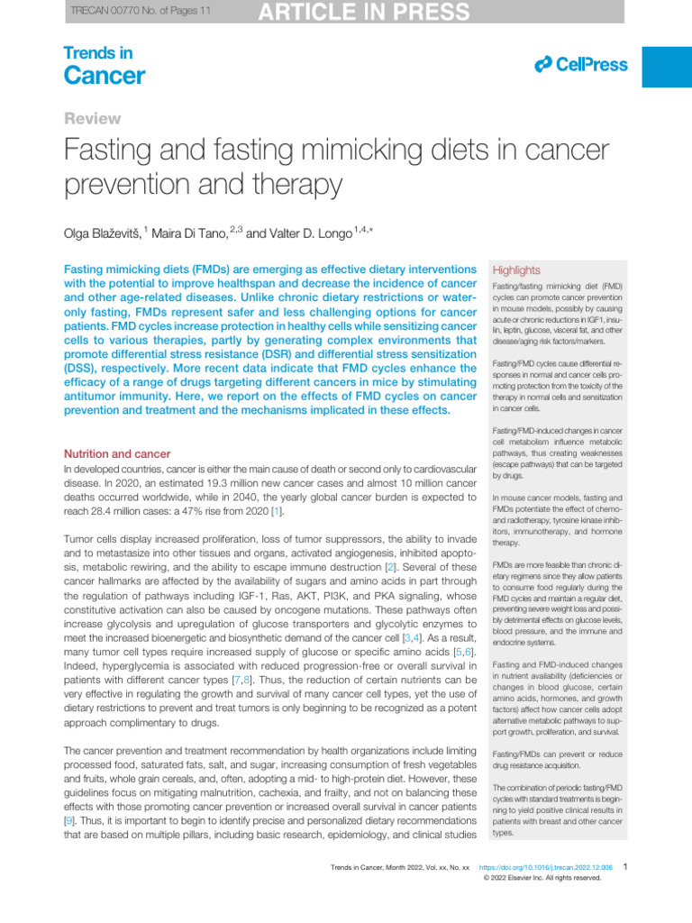 Fasting and Fasting Mimicking Diets in Cancer Prevention and Therapy ...